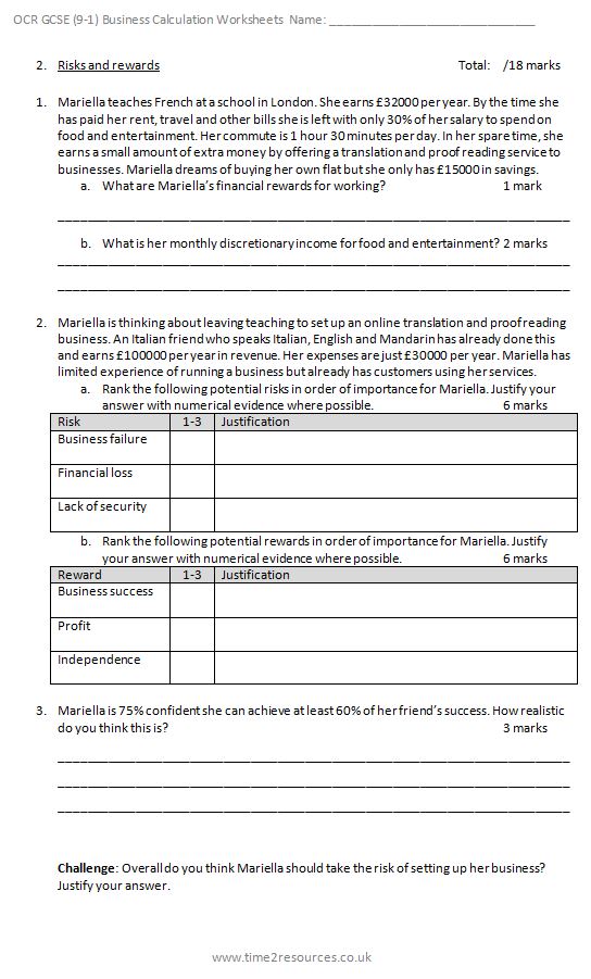 OCR GCSE 9 1 Business Calculation Worksheets